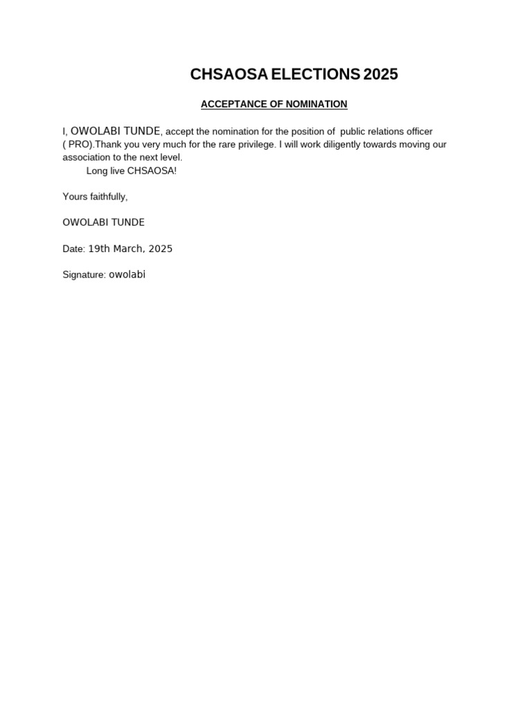 Letter of Acceptance of Nomination (Owolabi Tunde) | PDF