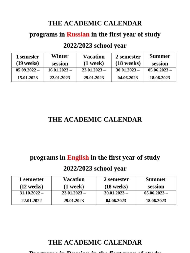 The Academic Calendar of 2022 2023 Study Year 1 | PDF