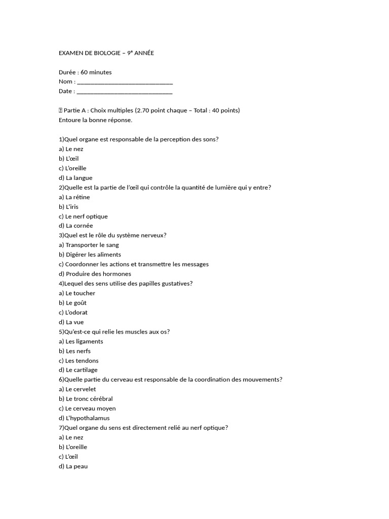 Examen de Biologie 9ᵉ Année | PDF | Muscle | Nerf