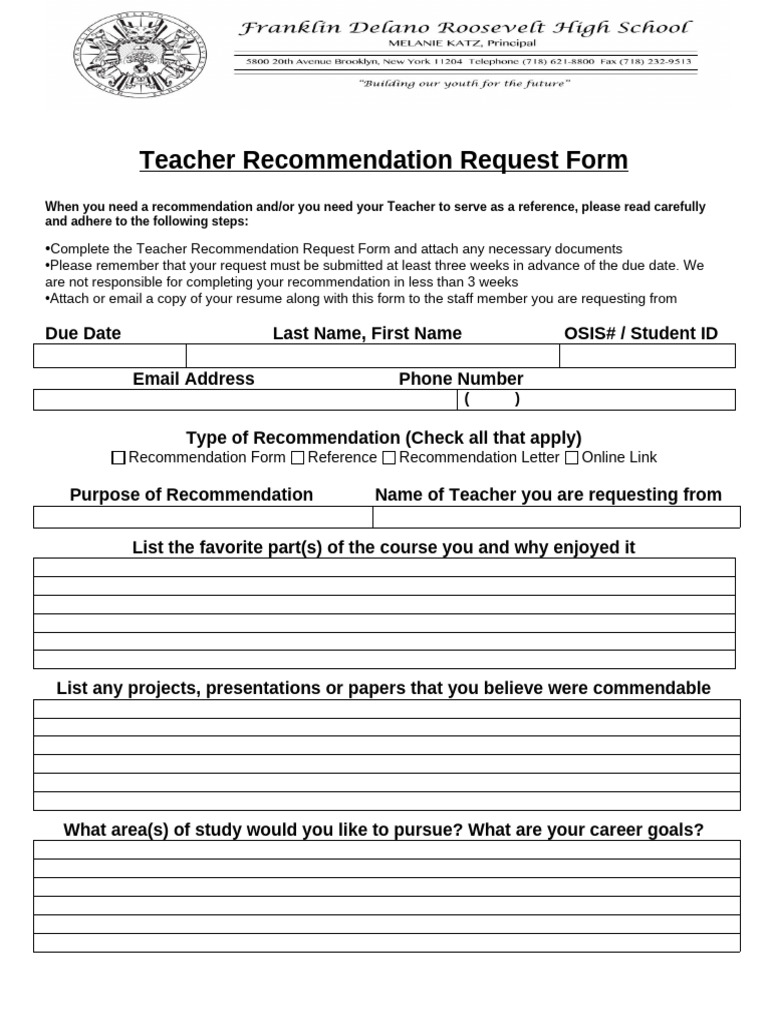 Teacher Recommendation Request Form Paper | PDF