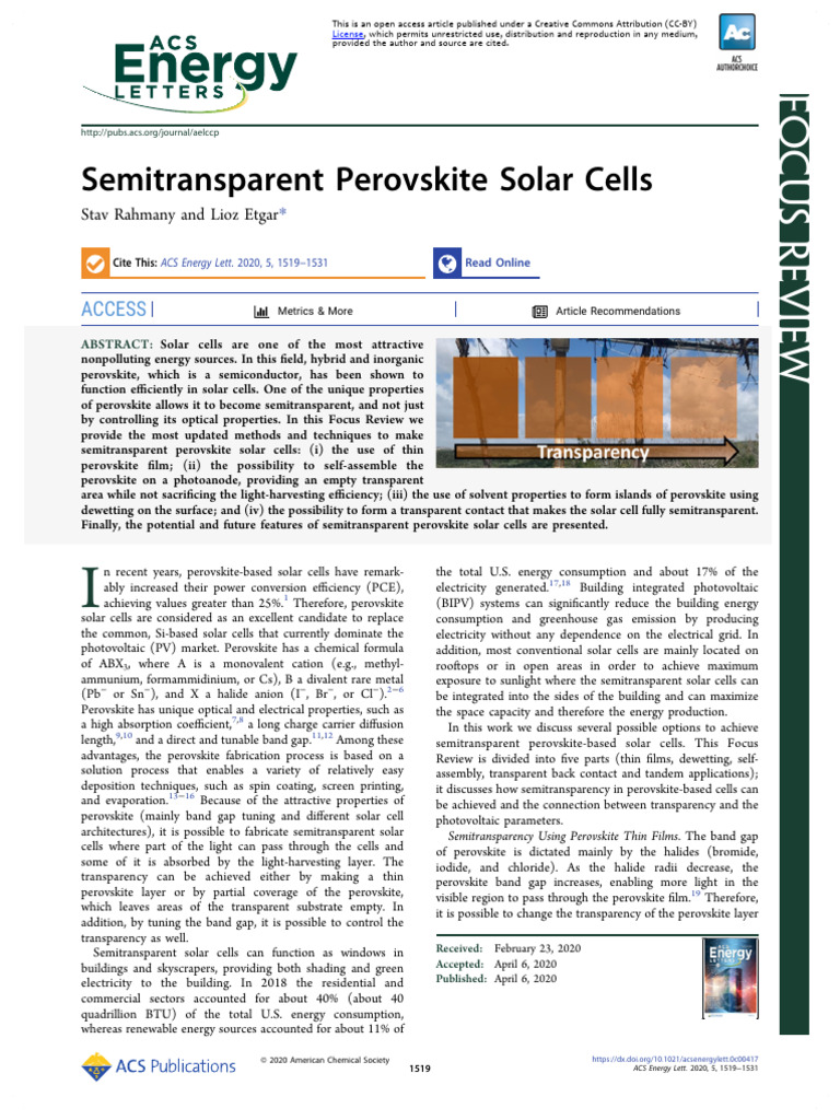 Rahmany Etgar 2020 Semitransparent Perovskite Solar Cells | PDF | Solar Cell | Photovoltaics