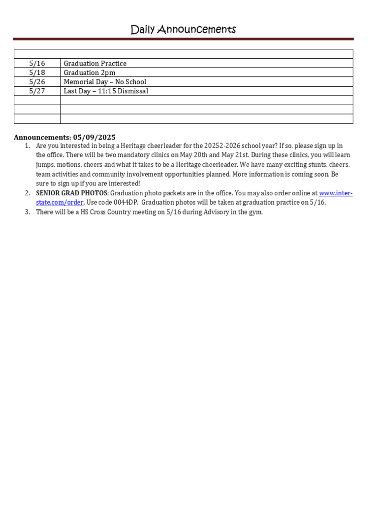 Daily School Announcements for May 2025 | PDF