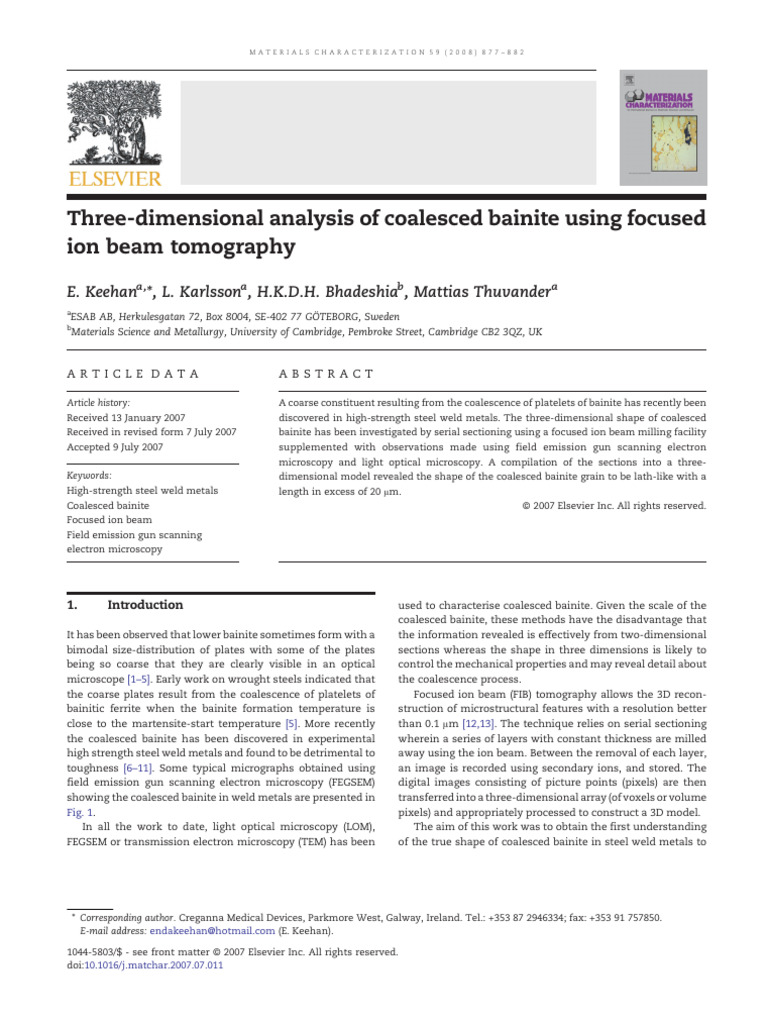 Bhadeshia Three-Dimensional Analysis of Coalesced Bainite | PDF ...