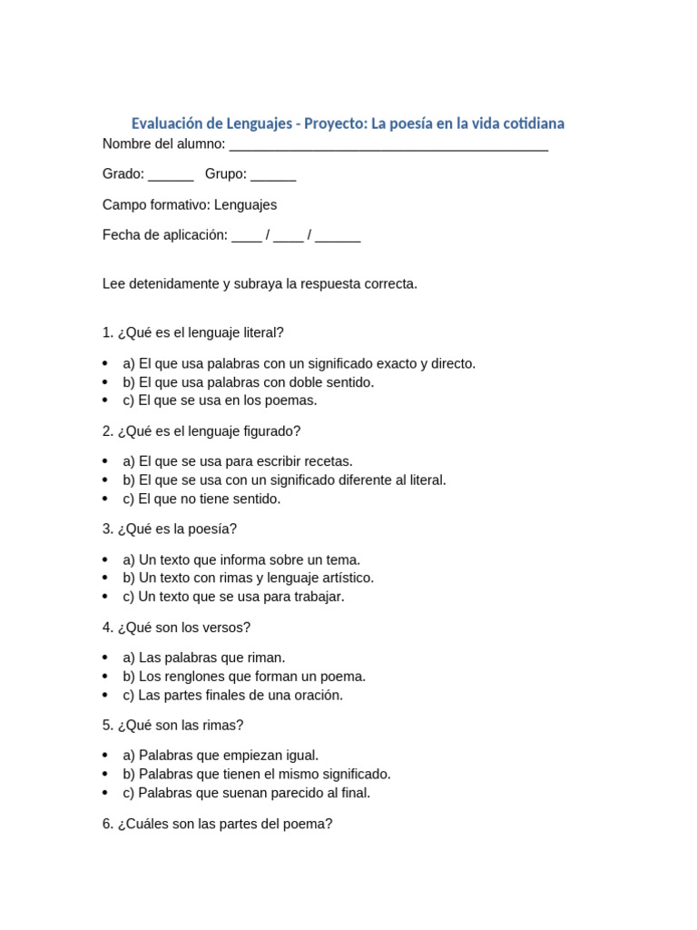 Examen Lenguajes Cuarto Grado Poesia | PDF
