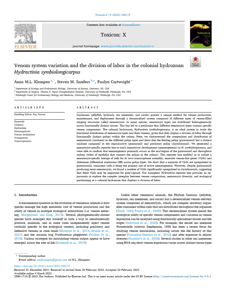 Klompen Et Al. - 2022 - Venom System Variation and the Division of Labor i | PDF | Flow ...