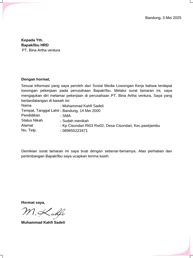 M.Kahfi: Kepada Yth. Bapak/Ibu HRD | PDF