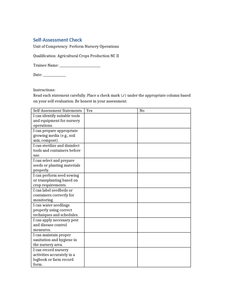 Self_Assessment_Check_Perform_Nursery_Operations | PDF