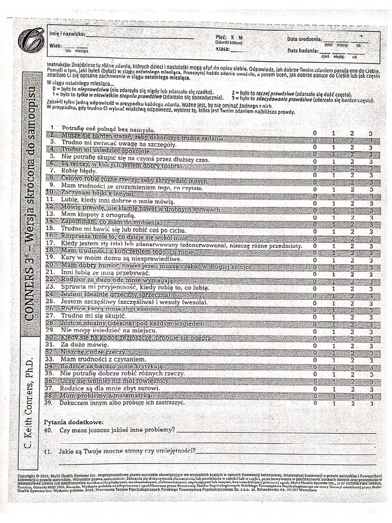Conners 3 Wersja Dla Psychologa Skrócona | PDF