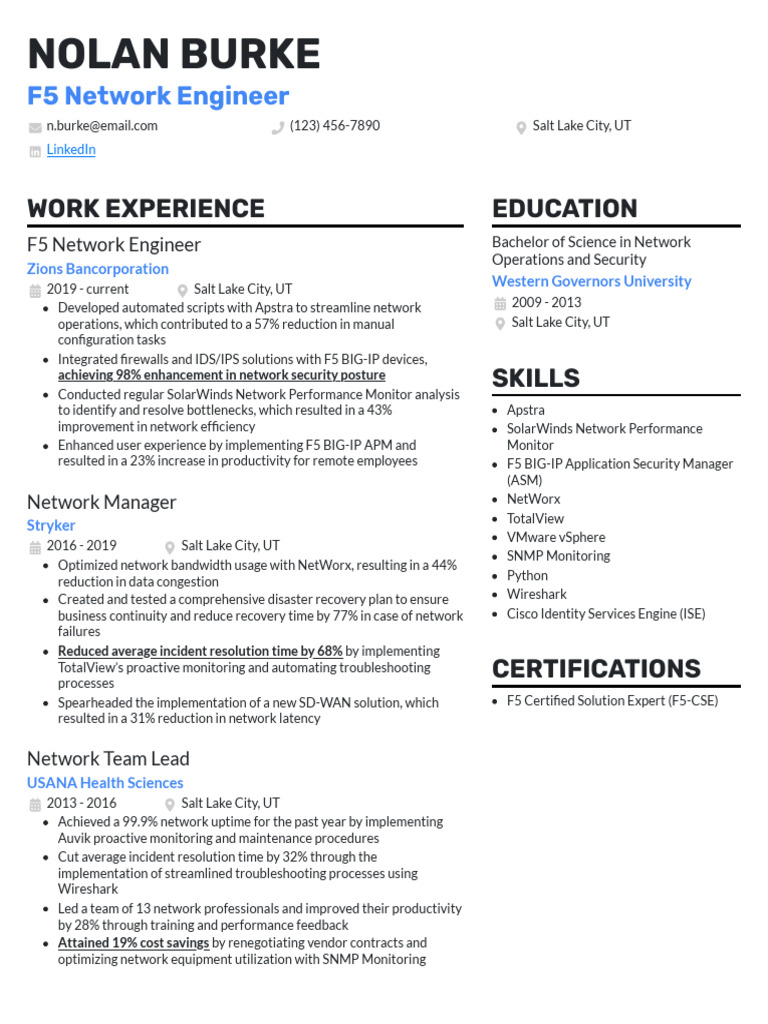 F5 Network Engineer Resume of Nolan Burke | PDF | Computer Network ...