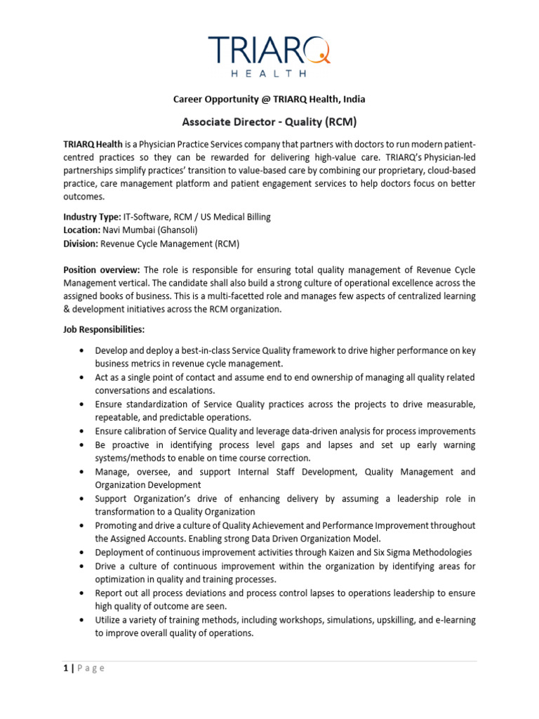 Associate Director Quality RCM | PDF | Leadership | Six Sigma