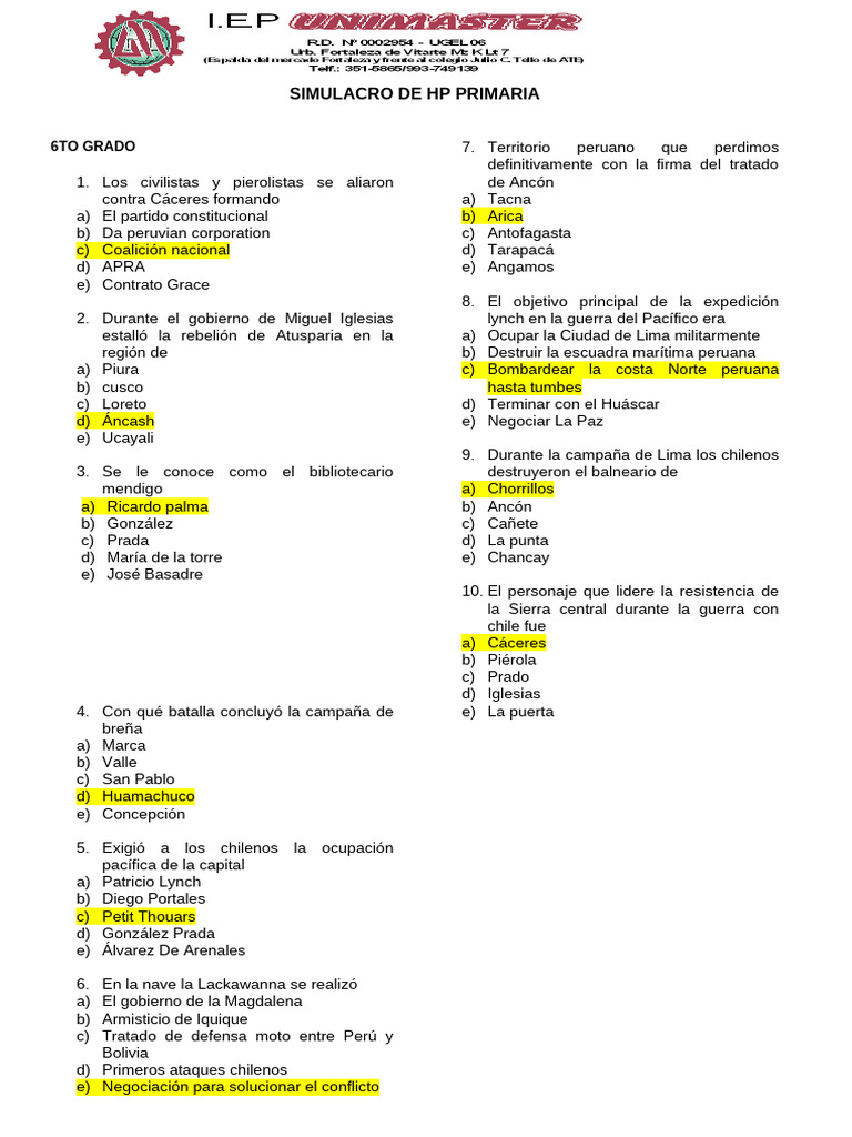 2do Simulacro Unimaster Primaria | PDF | Perú | América del Sur