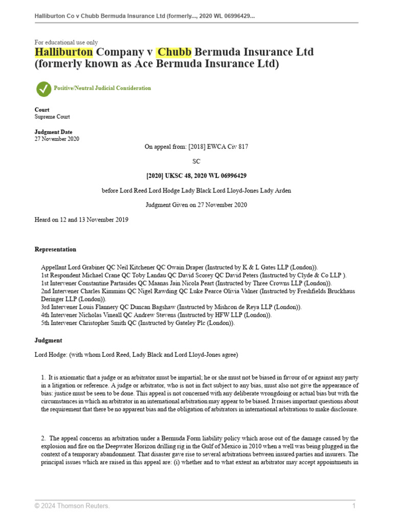 Halliburton Co V Chubb Bermuda Insurance LTD (Formerly Ace Bermuda ...