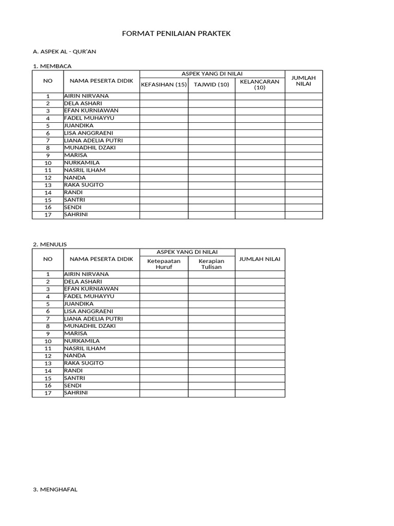 Format Penilaian Praktek Pai | PDF