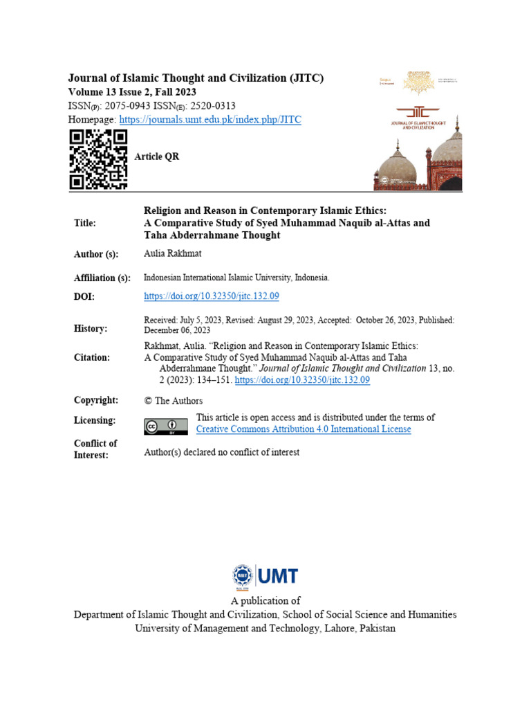 Al Attas and Taha A.R Religion and Reason in Ethics | PDF | Reason | Nous