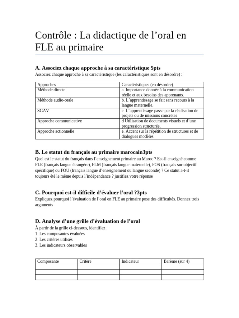 Didactique de l'oral en FLE au primaire | PDF