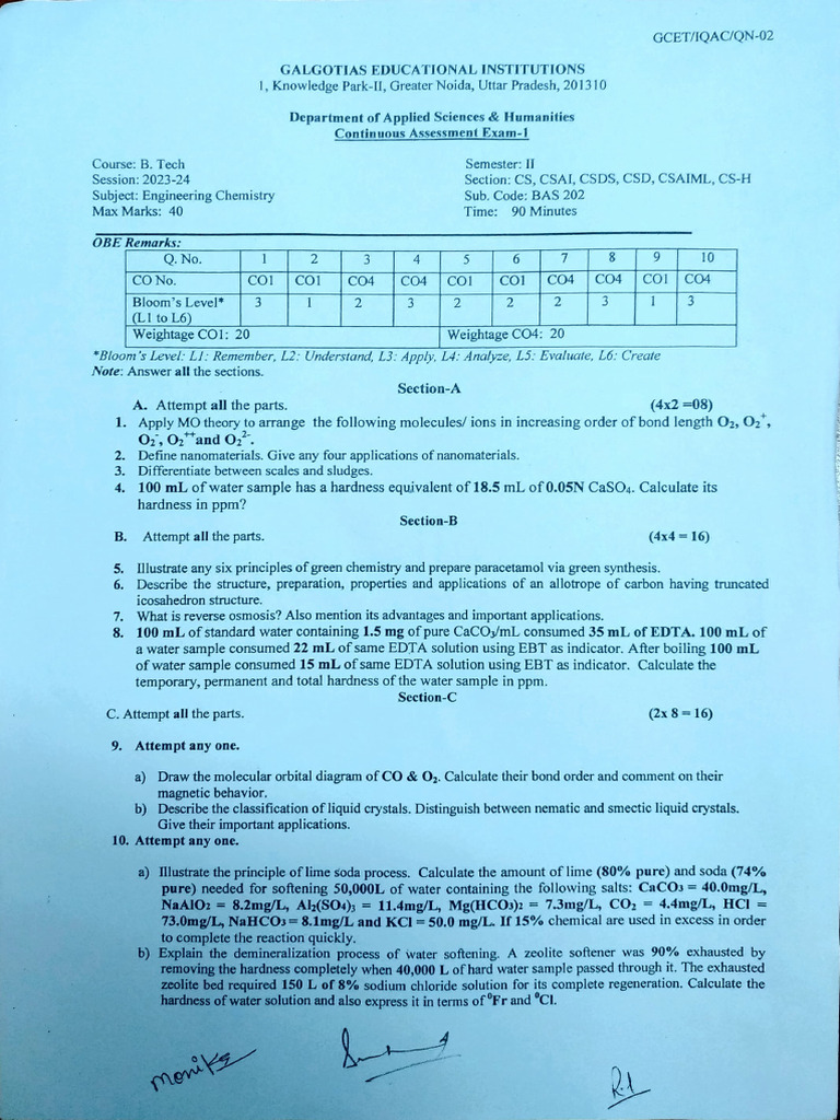 CAE 1 Question Paper Engg Chemistry | PDF | Sodium Carbonate | Magnesium