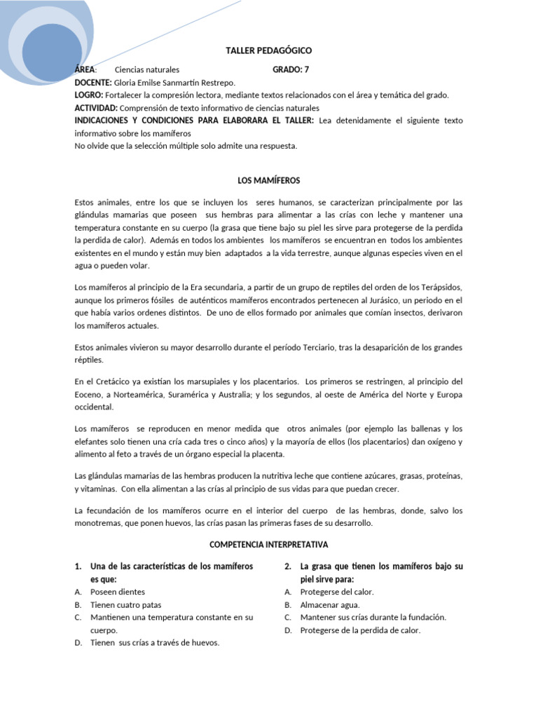 Los Mamíferos Comprensión Pdf Mamíferos Marsupiales