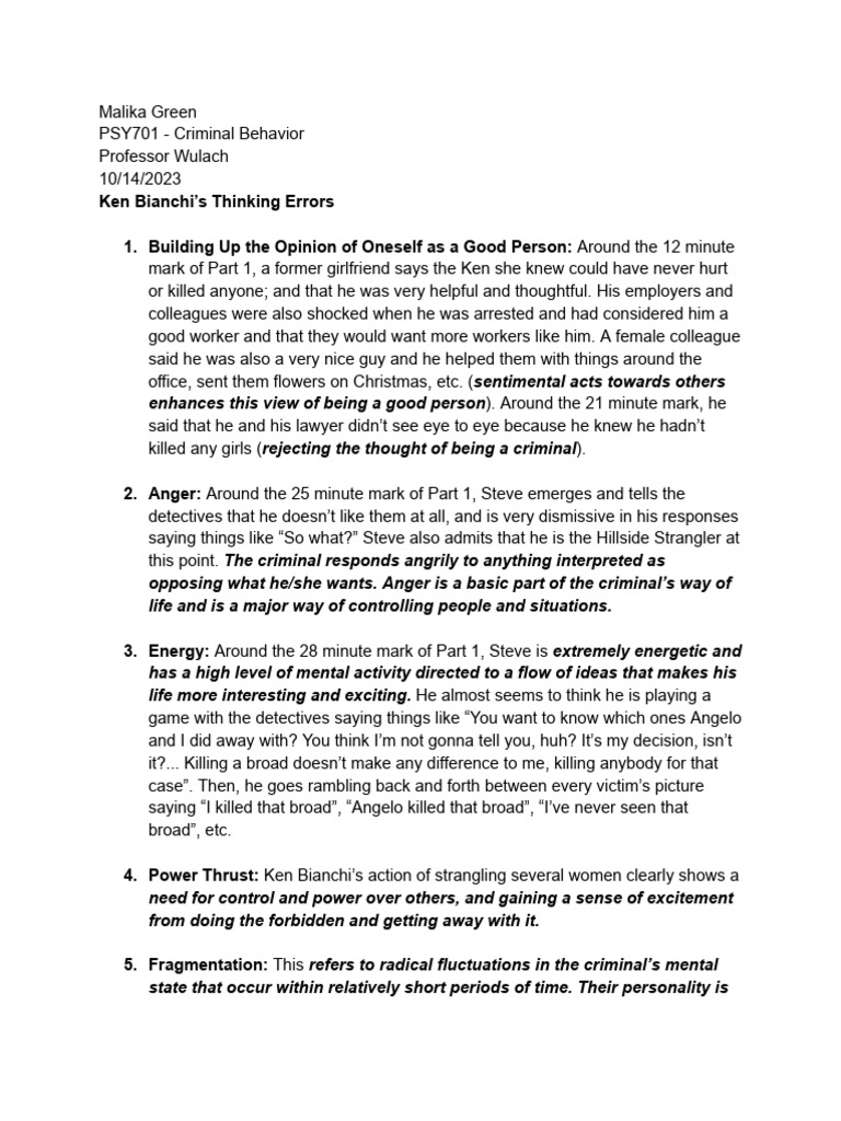 Psy 701 Ken Bianchi Thinking Errors | PDF | Fear | Psychology