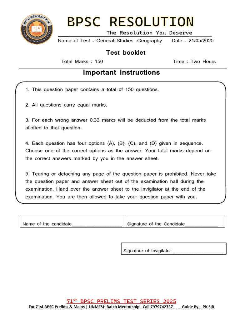 Question Paper Prelims Test Series Test 02 English BPSC RESOLUTION ...