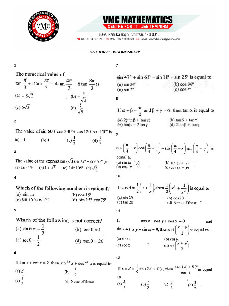 Trigonometry Test Questions & Solutions | PDF