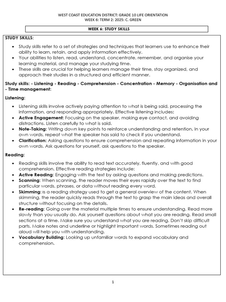 WEEK 6 E 2nd Term | PDF | Reading Comprehension | Study Skills