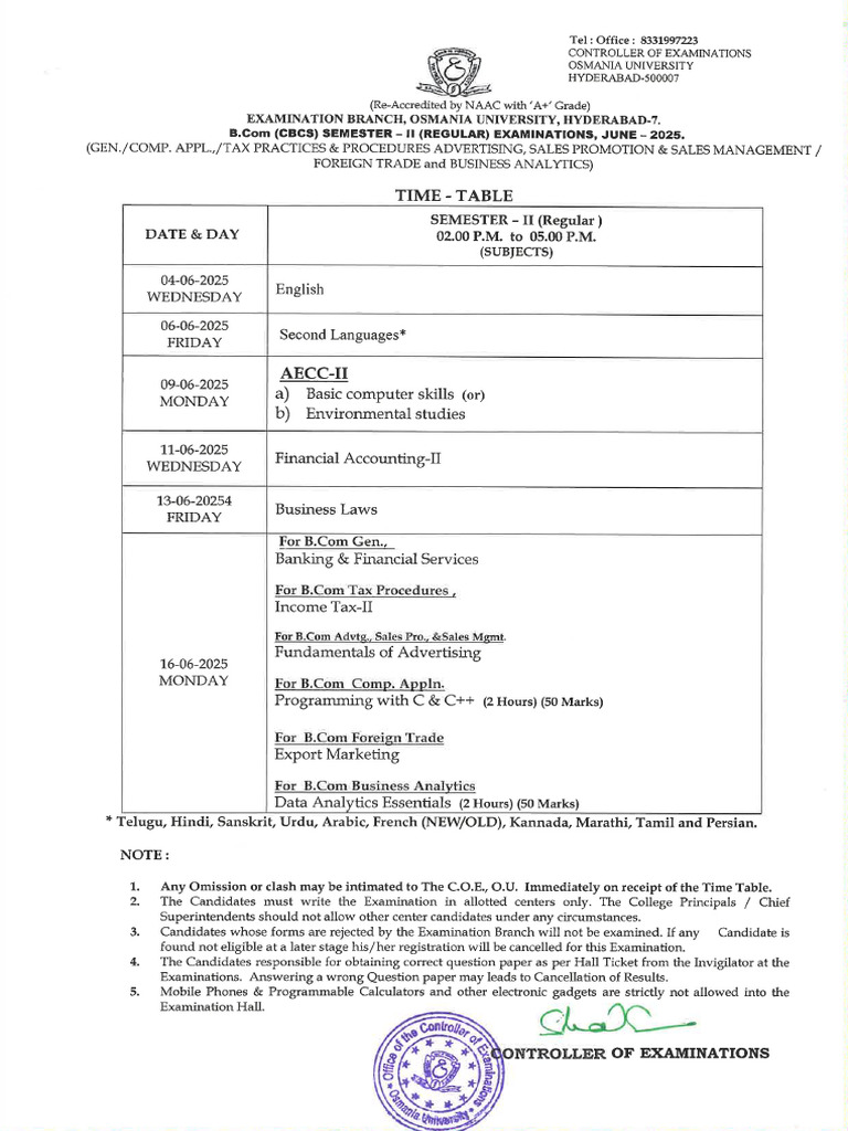 OU B.com II Semester Exams Time Table June 2025 | PDF