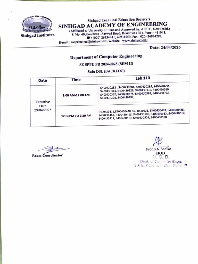 SE SPPU Timetable 25 Apr 2025 | PDF