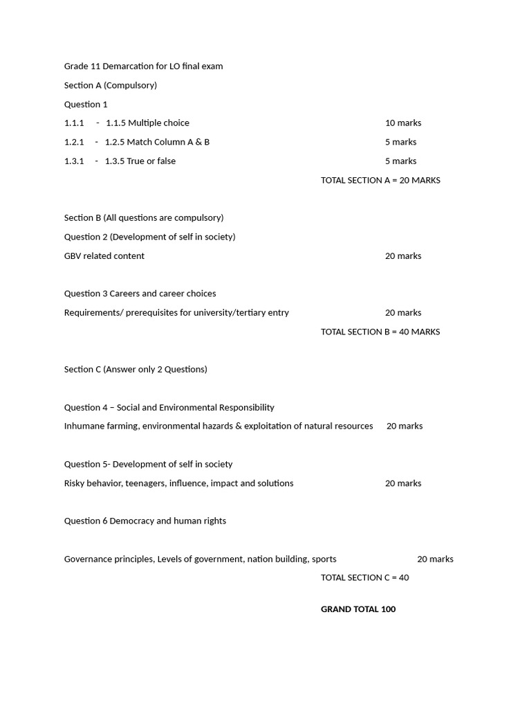 Grade 11 Demarcation for LO Final Exam | PDF