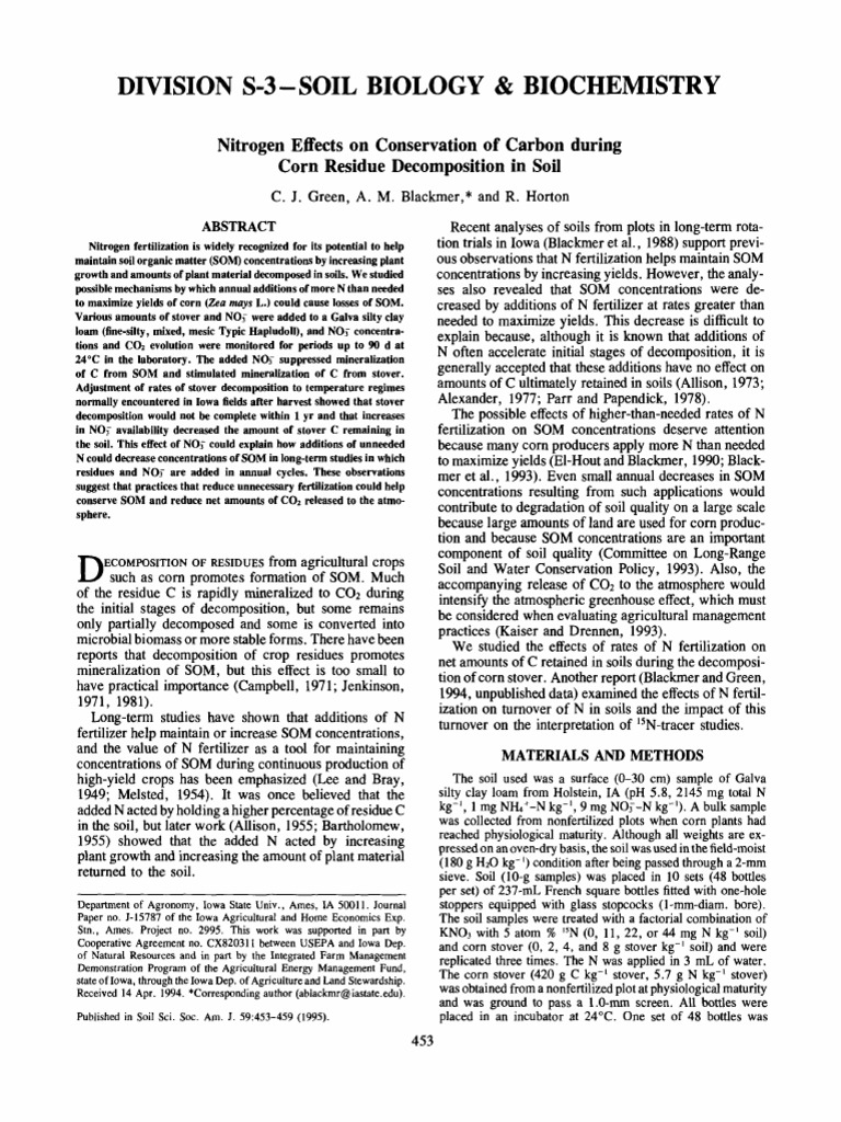Green, Blackmer, Horton - 1995 - Nitrogen Effects On Conservation of Carbon During Corn Residue ...