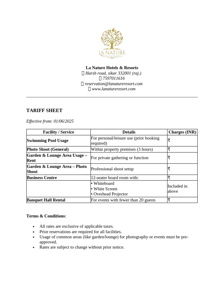 La Nature Hotels Tariff Card | PDF