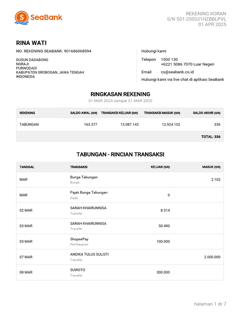 Seabank Statement 20250409 | PDF