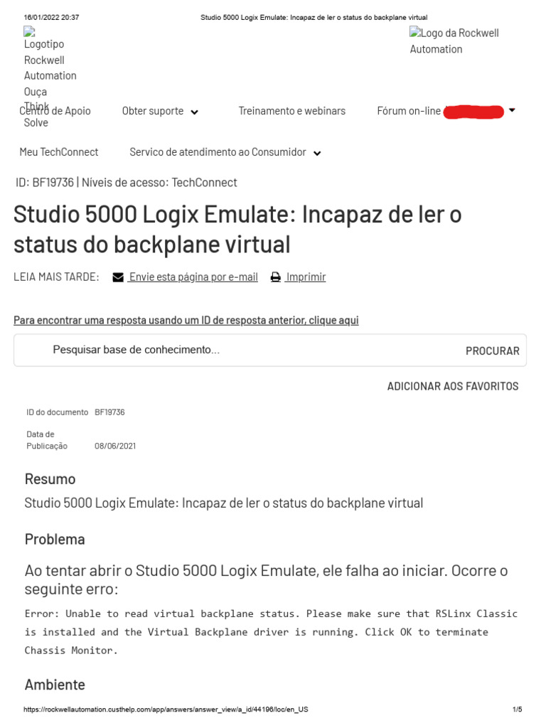 Studio 5000 Logix Emulate Incapaz de Ler o Status Do Backplane Virtual ...