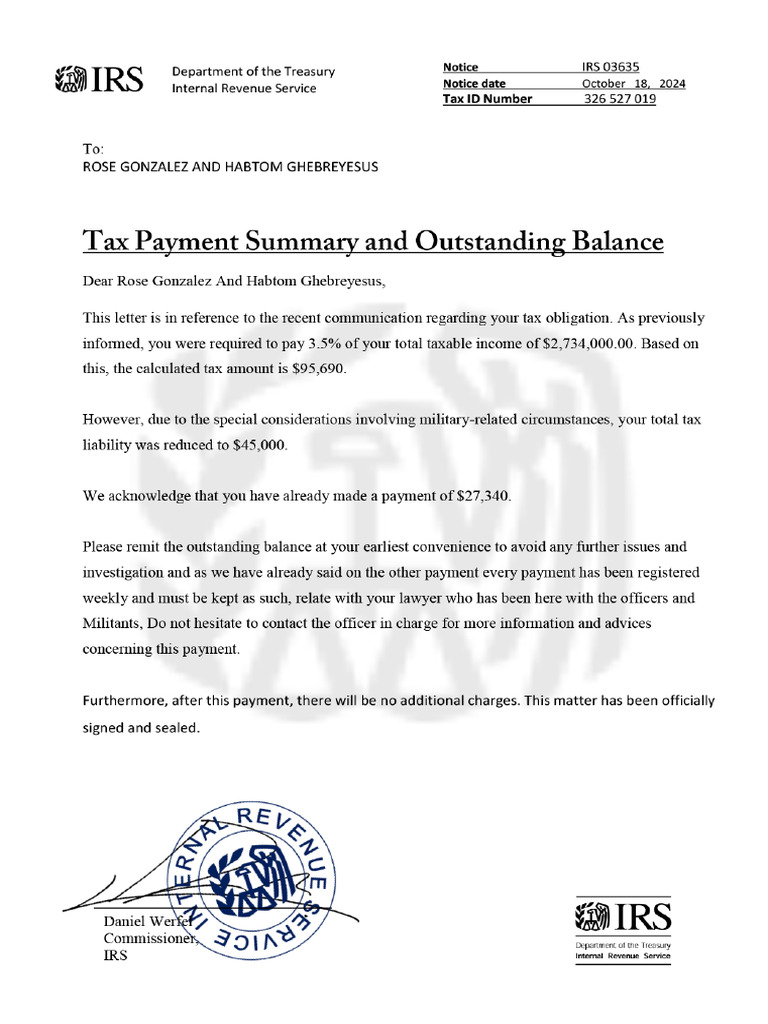 IRS Tax Payment Summary and Outstanding Balancee | PDF