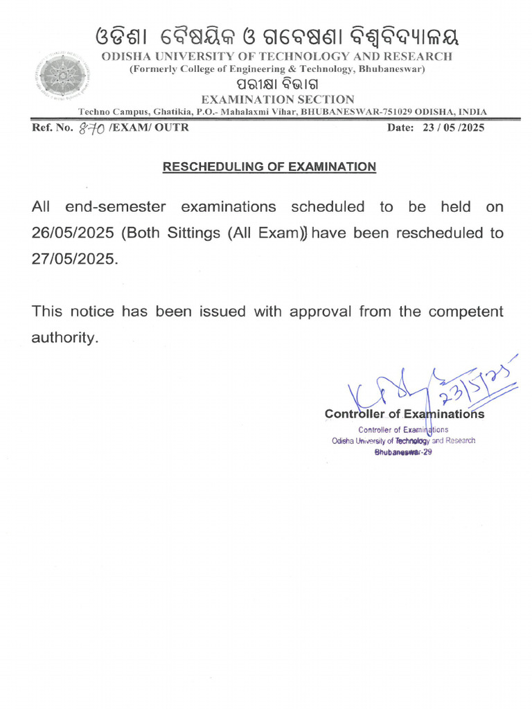 Rescheduling of Exam 26 May To 27 May 2025 | PDF