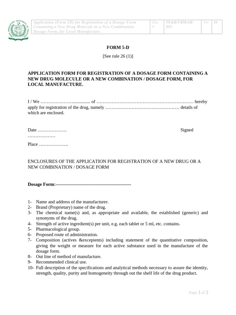 Application Form 5D For Registration of A Dosage Form Containing A New ...