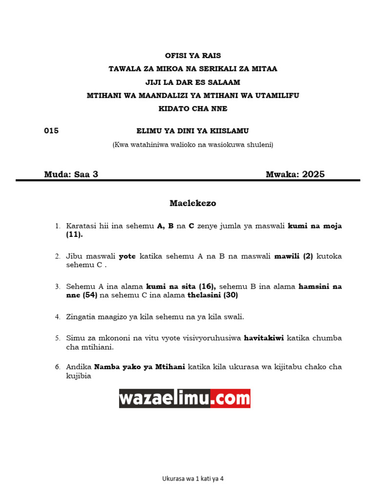 Elimu Ya Dini Na Kiislamu Edk | PDF