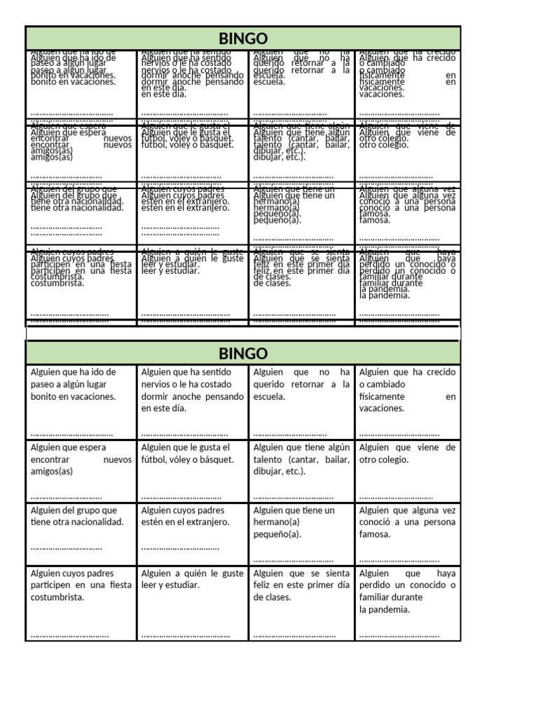 Bingo de Bienvenida Escolar | PDF