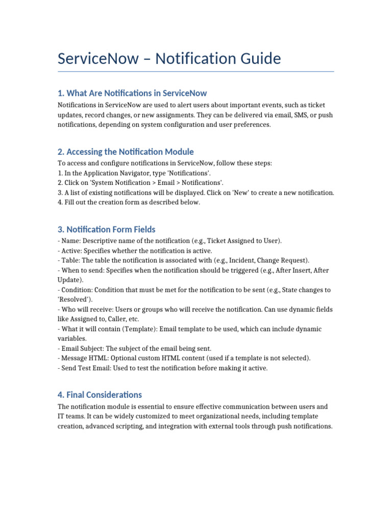 ServiceNow Notifications Guide how to define notification | PDF