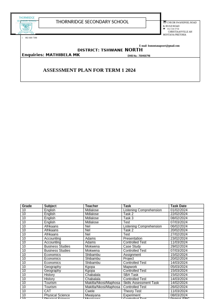Assessmentplan Grade10Term12024 (1) 3 | PDF | Science