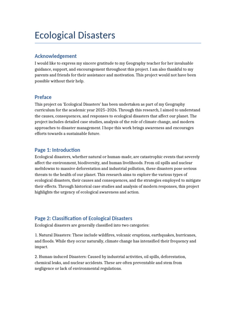 Ecological Disasters Project STD IX | PDF | Climate Change | Deforestation