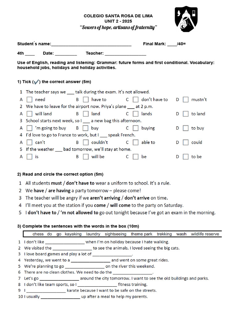 Test Unit 2 - 4º Año | PDF