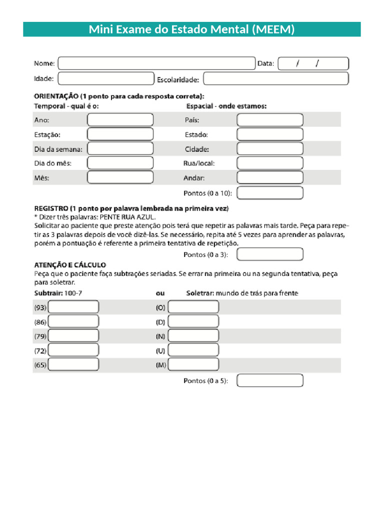 Mini Exame Do Estado Mental (MEEM) | PDF | Cognição
