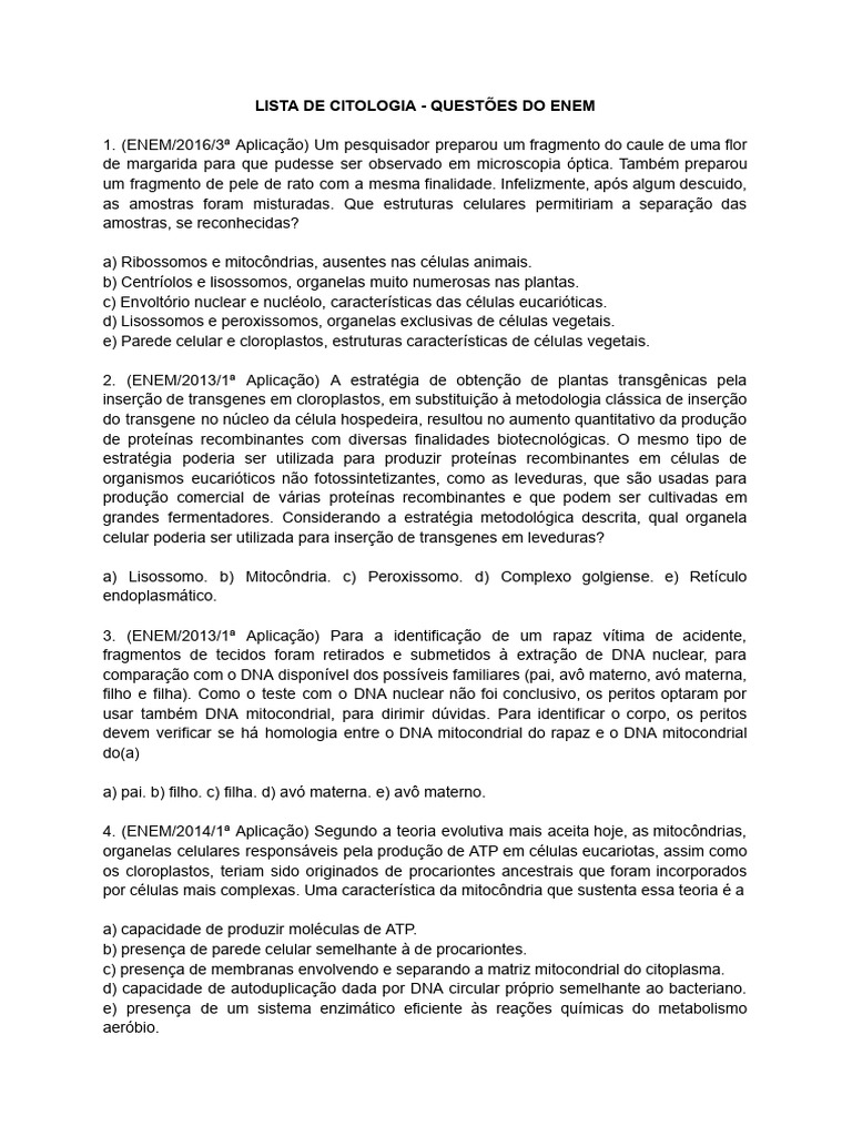 Lista de Exercícios - Pré Enem - Citologia | PDF | Célula (Biologia ...