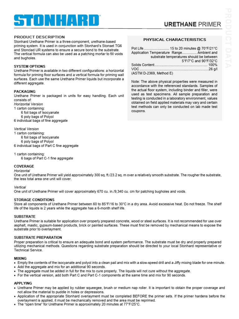 Stonhard Urethane Primer Product Data | PDF | Polyurethane | Concrete