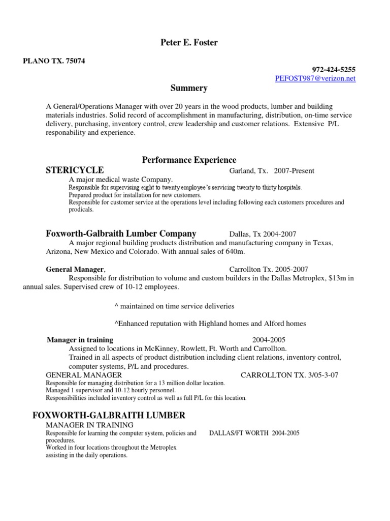 Operations Distribution Center Manager in Dallas TX Resume Peter Foster ...
