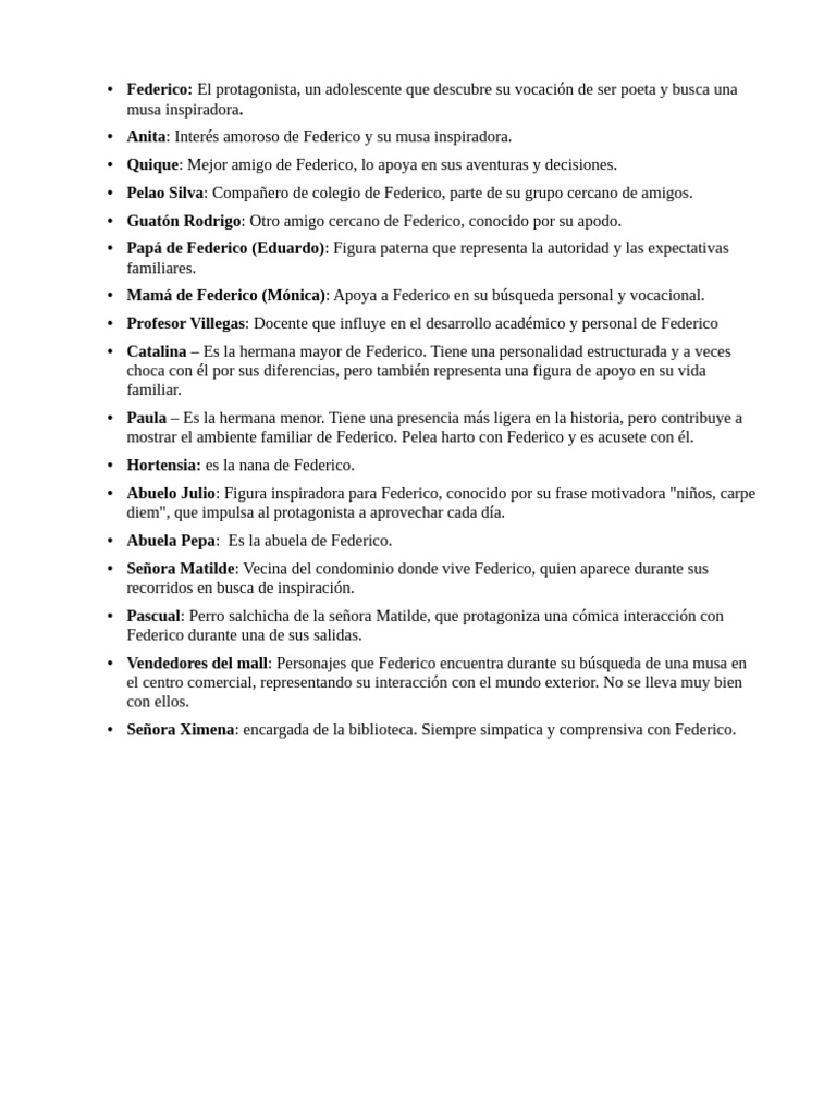 Personajes de "Federico: Sí o Sí Poeta" | PDF