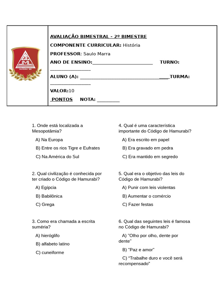 Av 2 B Hist 6 Ano Mesopotamia | PDF | Mesopotâmia