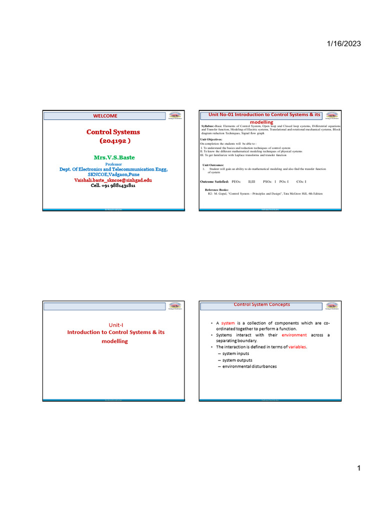 Control System Unit 1 Notes | PDF | Control Theory | Mathematical Model