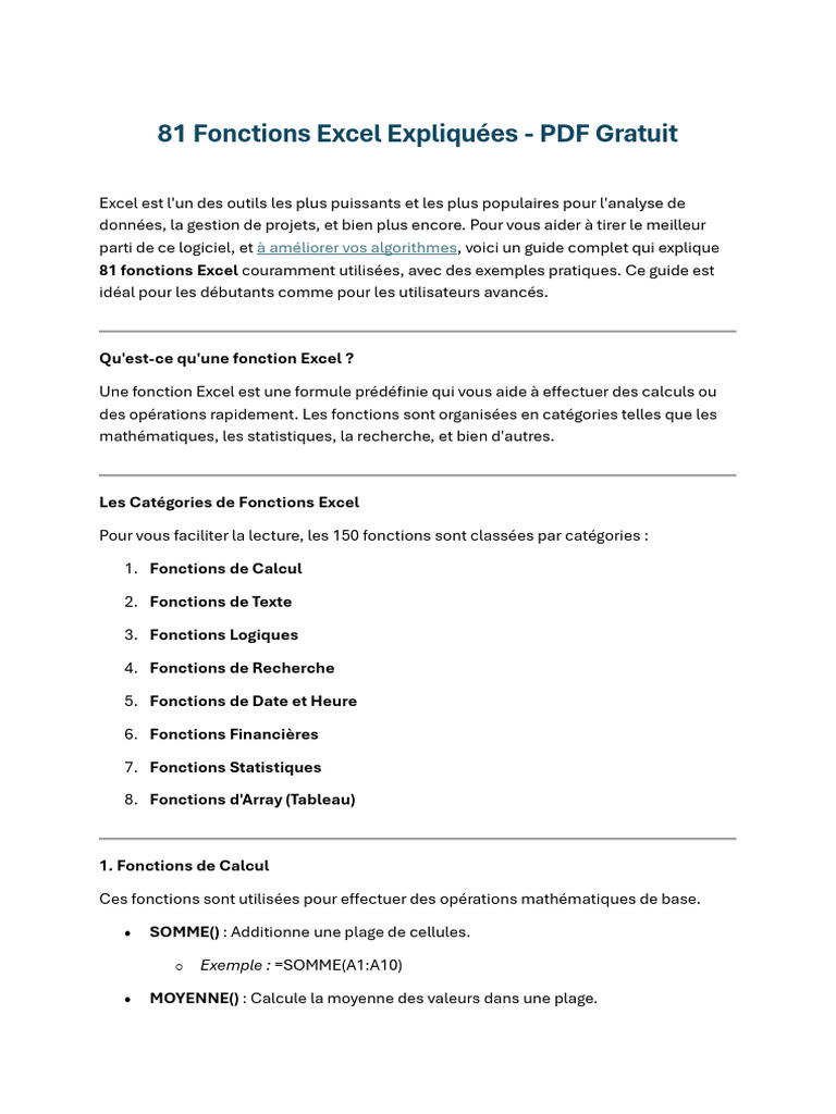 81 Fonctions Excel Expliquees | PDF | Microsoft Excel | Informatique