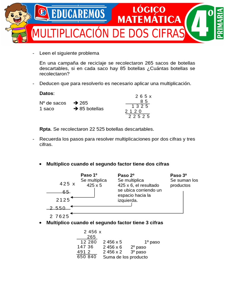 Multiplicacion de Dos Cifras para Cuarto Grado de Primaria | PDF ...